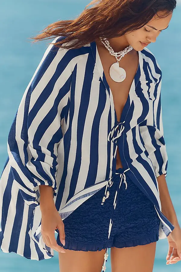 Maeve Striped Tie-front Tunic Top