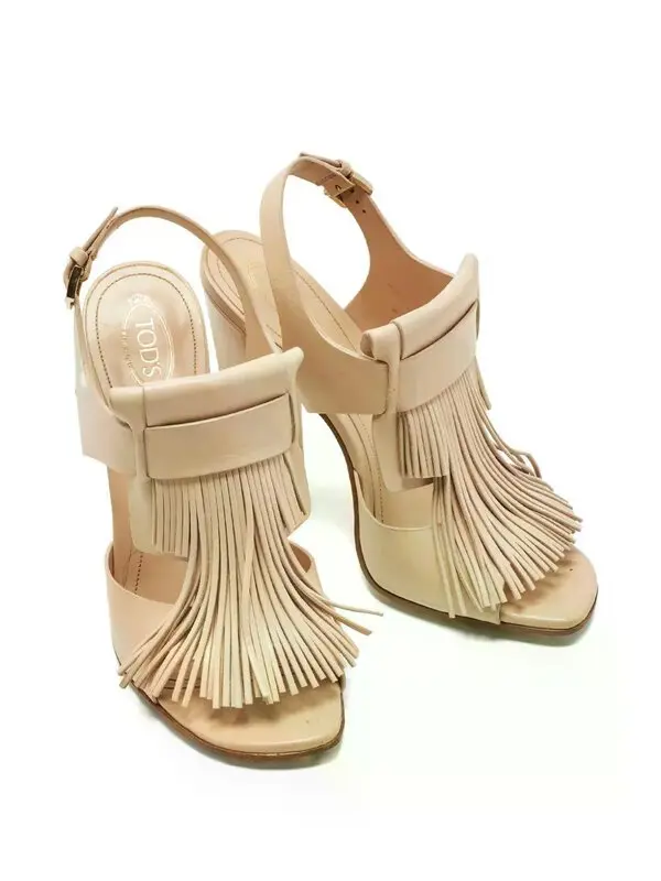 TOD'S Fringe Leather Block Heel Sandals