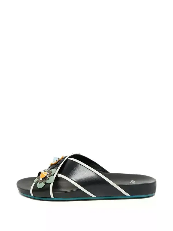 Fendi Floral Appliqué Leather Sandals - Black