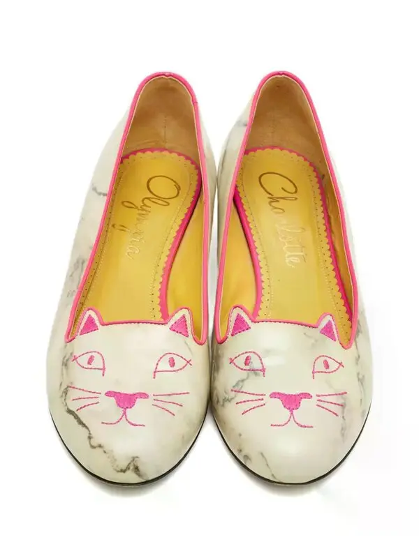 CHARLOTTE OLYMPIA Kitty-embroidered Leather Loafers