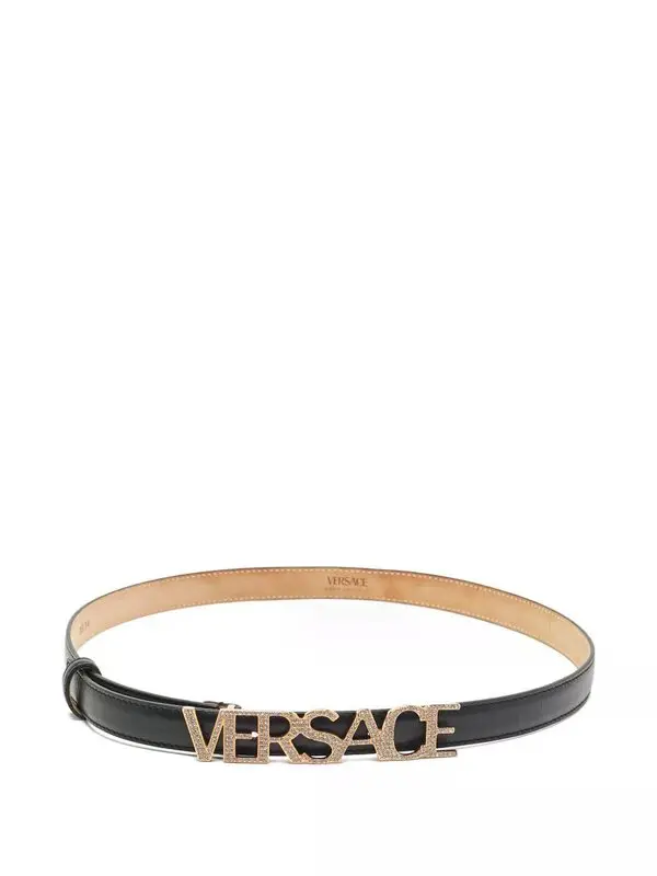 Versace Crystal-studded Logo Leather Belt - Black