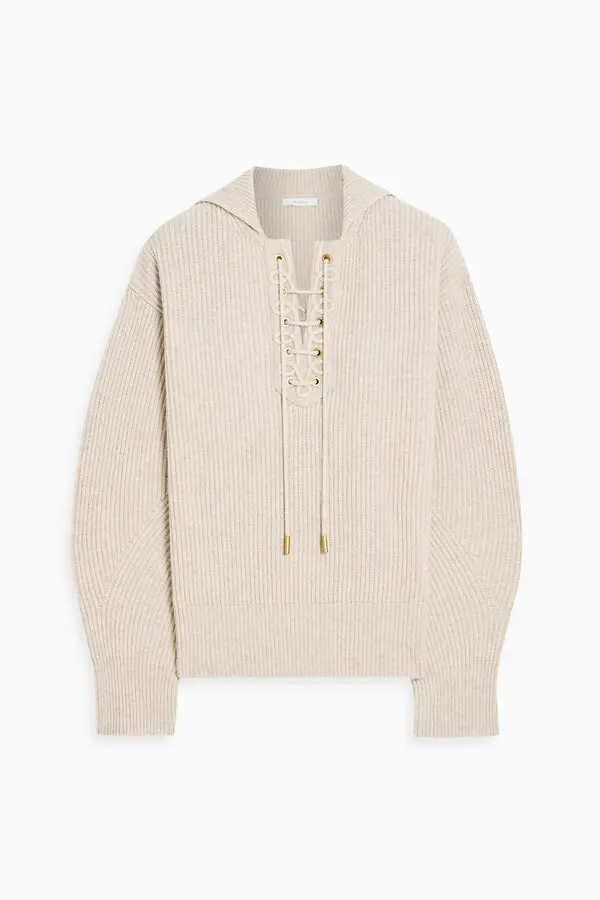Max Mara Lace-up Ribbed Wool And Cashmere-blend Sweater