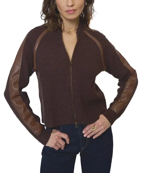 Central Park West Atlas Raglan Leather Trim Zip Up Sweater