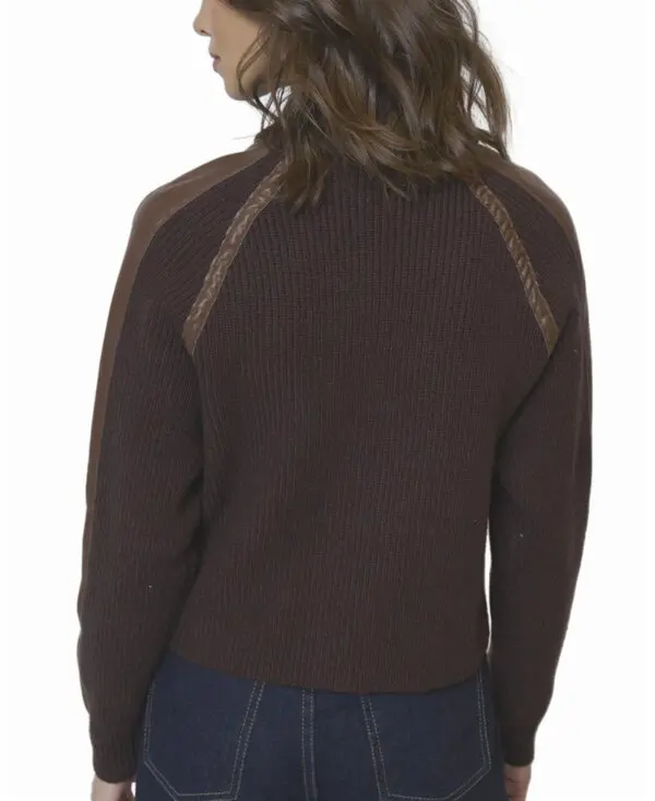 Central Park West Atlas Raglan Leather Trim Zip Up Sweater