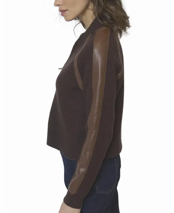 Central Park West Atlas Raglan Leather Trim Zip Up Sweater