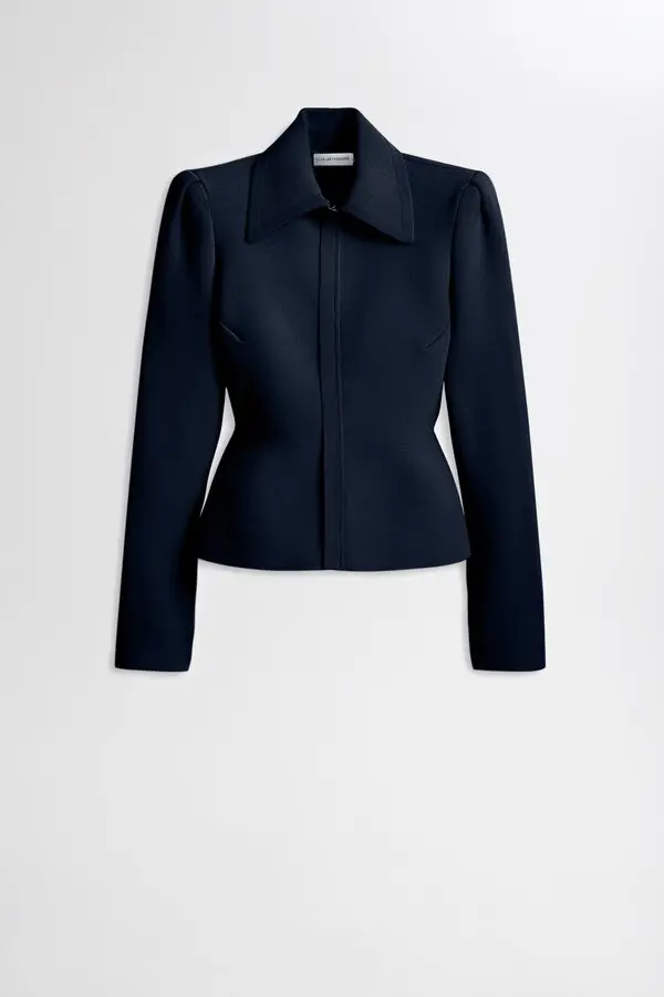 Scanlan Theodore Crepe Knit Peplum Collar Jacket - Navy