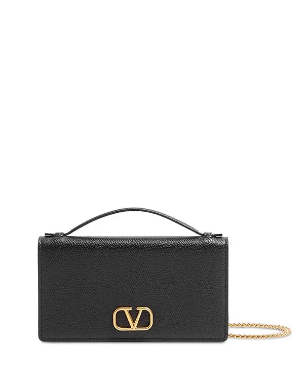 Valentino Garavani Vlogo Signature Grainy Leather Wallet On A Chain - Black