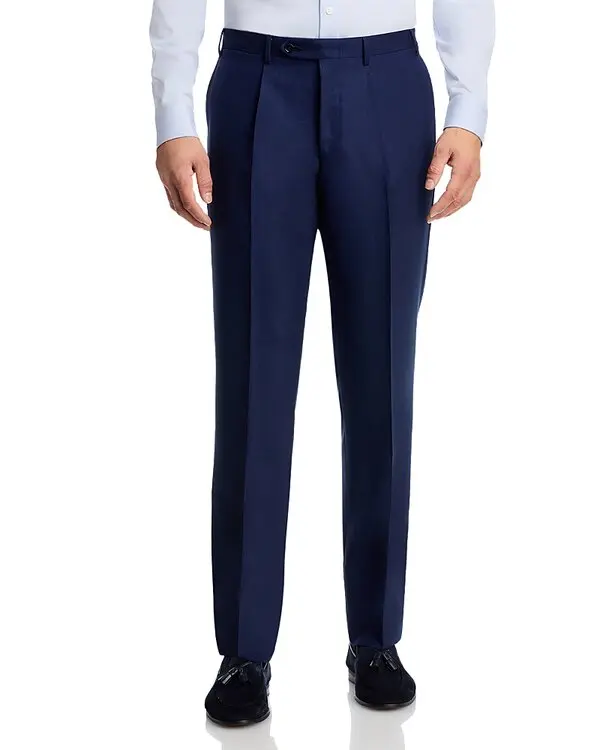 Canali Monza Pleat Melange Regular Fit Trousers - Navy