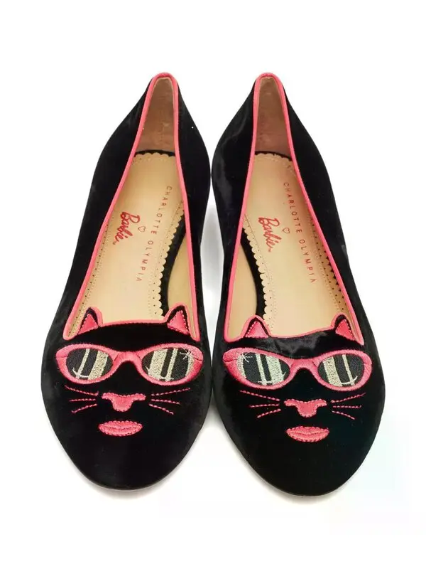CHARLOTTE OLYMPIA Kitty Embroidered Ballet Flats - Black