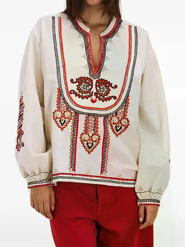 FORTELA Cinthya V-neck Embroidered Blouse - Neutrals