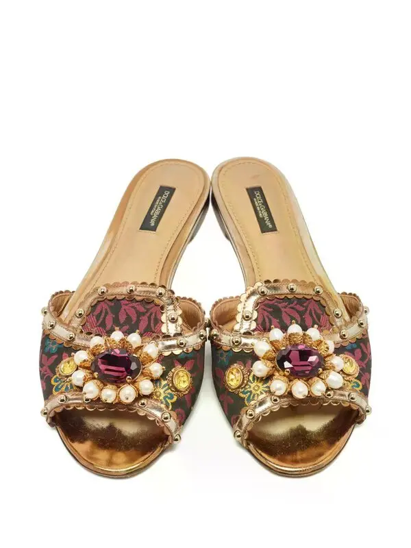 Dolce & Gabbana Brocade And Faux-pearl Embellished Flat Slides