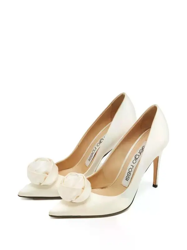 SERGIO ROSSI Rose-appliqué Satin Pumps - White