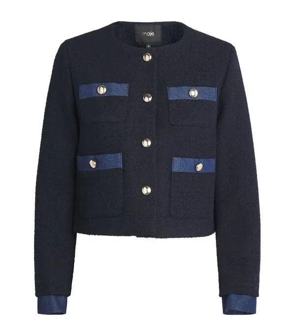 Maje Tweed Denim-trim Cropped Jacket - Blue
