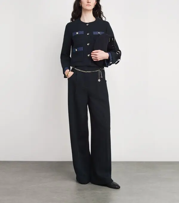 Maje Tweed Denim-trim Cropped Jacket - Blue