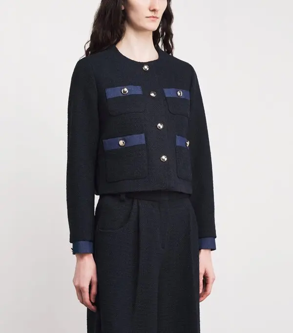 Maje Tweed Denim-trim Cropped Jacket - Blue