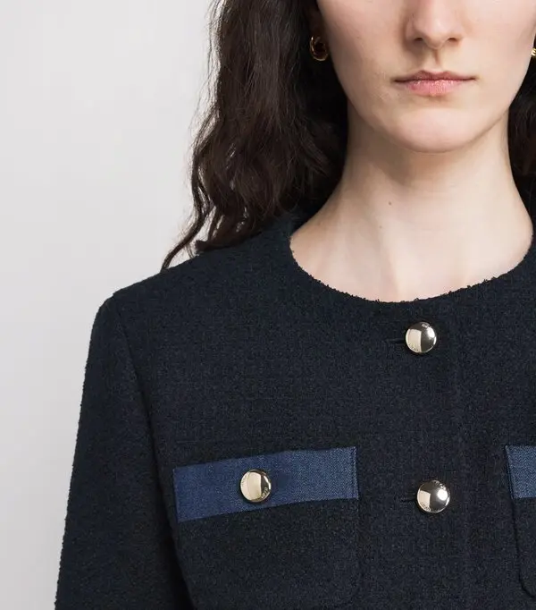Maje Tweed Denim-trim Cropped Jacket - Blue