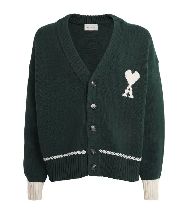 AMI Paris Wool-blend Logo Cardigan - Green