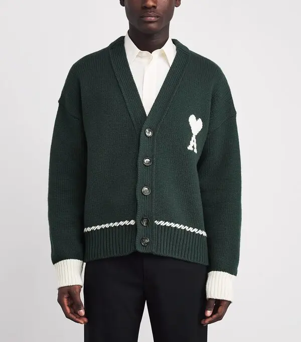 AMI Paris Wool-blend Logo Cardigan - Green