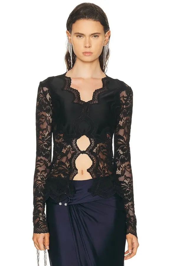 Rabanne Long Sleeve Lace Top - Black