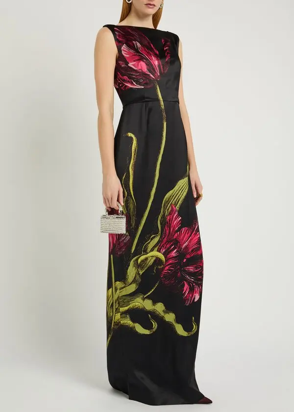 Erdem Floral Wide-neck Satin Gown - Black