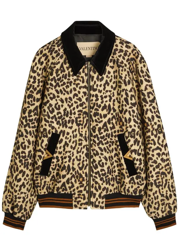Valentino Garavani Leopard Velvet-trim Wool Bomber Jacket