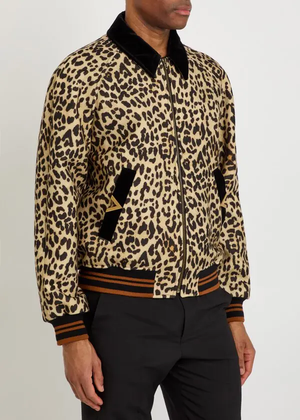 Valentino Garavani Leopard Velvet-trim Wool Bomber Jacket