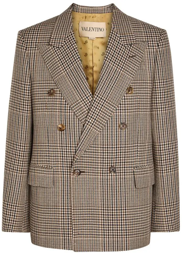 Valentino Garavani Houndstooth Double-breasted Wool Blazer - Beige
