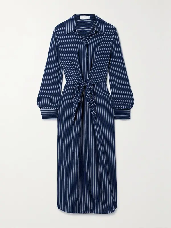 Michael Kors Tie-detailed Striped Organic Silk-crepe Midi Shirt Dress - Blue