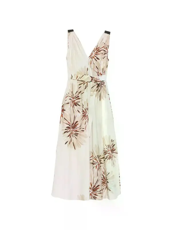 Brunello Cucinelli Floral Belted Midi Dress - Neutrals