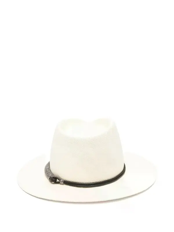Brunello Cucinelli Straw Fedora Hat With Leather Embellishment