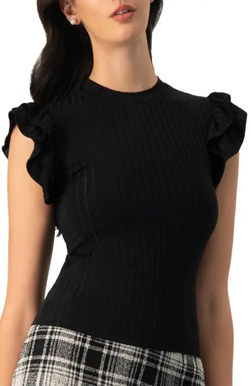 IVONNE Ribbed Straight Top With Ruffles - Black