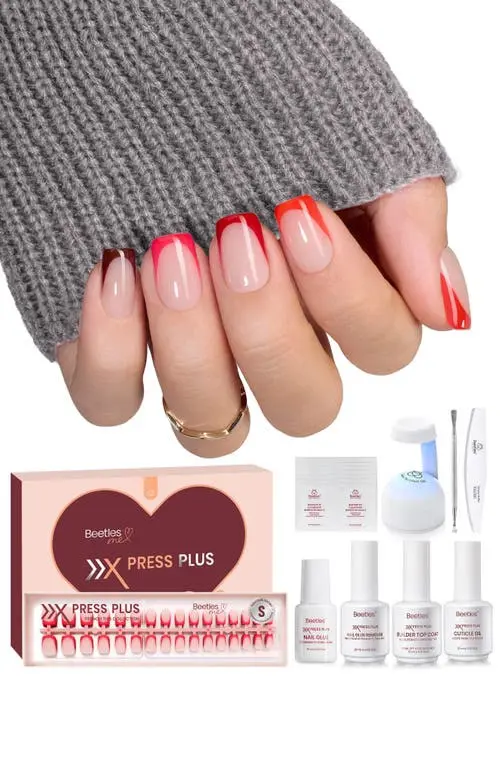 BEETLES Red French Tip Press On Nail Studio Kit Short Square - Christmas Classic Red