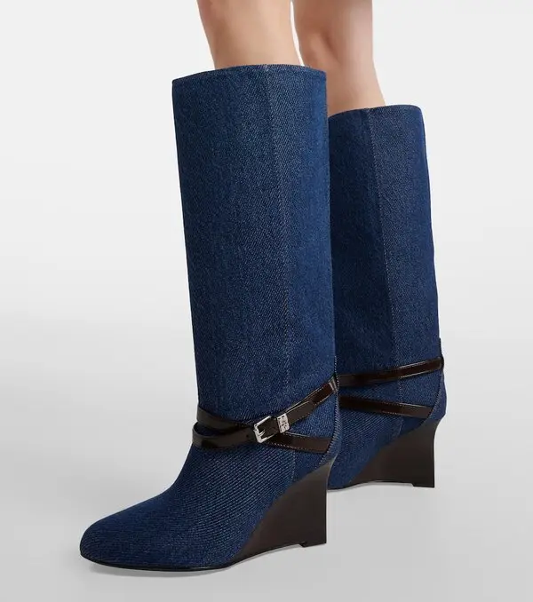 GANNI Kat Denim Knee-high Wedge Boots - Blue