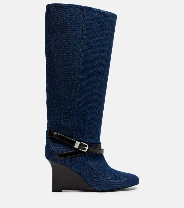 GANNI Kat Denim Knee-high Wedge Boots - Blue