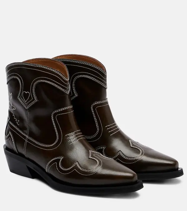 GANNI Embroidered Cowboy Boots - Brown
