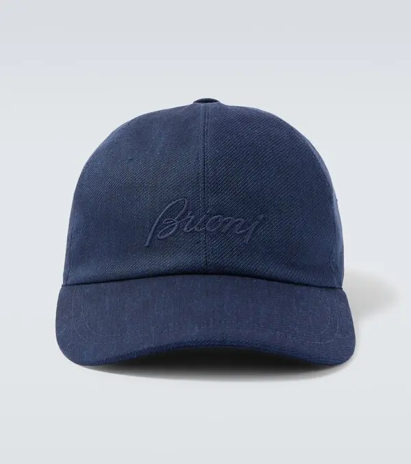 Brioni Logo Linen And Wool Baseball Cap - Blue