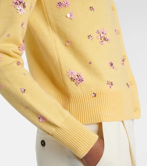 Oscar De La Renta Crystal Cluster Virgin Wool Cardigan - Yellow