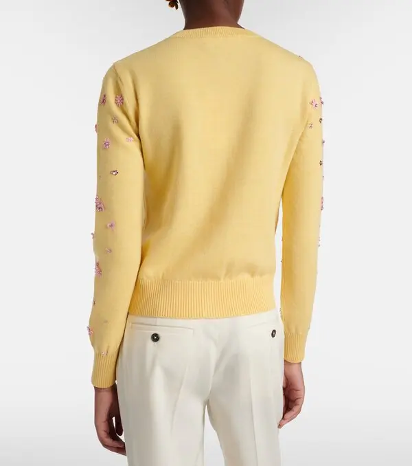 Oscar De La Renta Crystal Cluster Virgin Wool Cardigan - Yellow