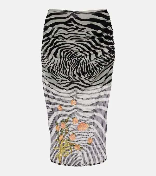 Blumarine Printed Sheer Mesh Midi Skirt