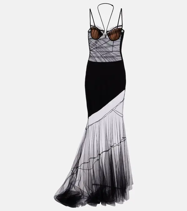 NENSI DOJAKA Asymmetric Draped Sheer Maxi Dress - Black