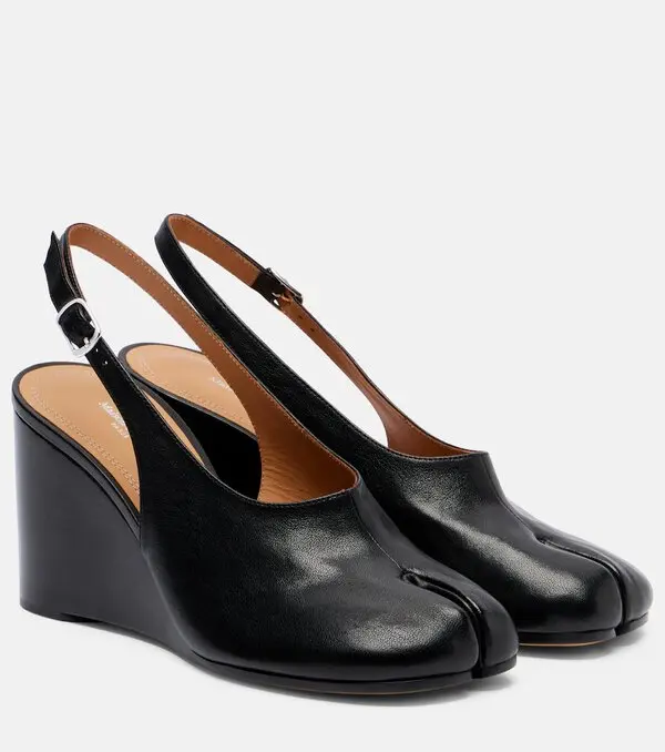 MAISON MARGIELA Leather Tabi Slingback Wedge Sandals - Black