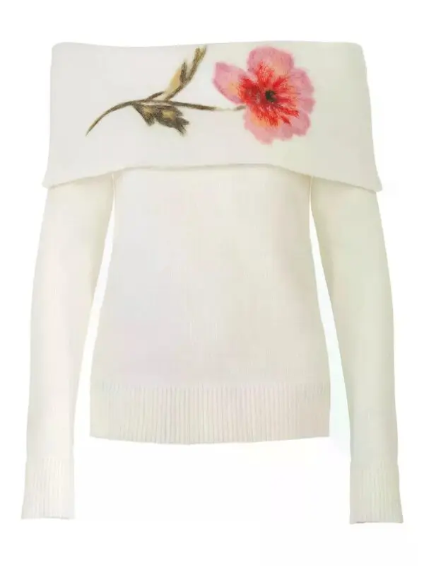 Carolina Herrera Floral-embroidered Off-shoulder Sweater - Neutrals