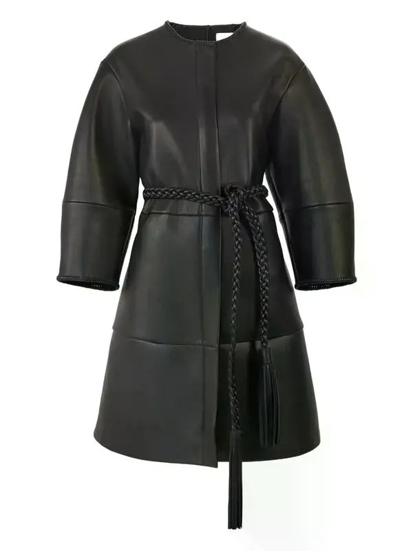 Carolina Herrera Arc Sleeve Leather Coat With Braided Belt