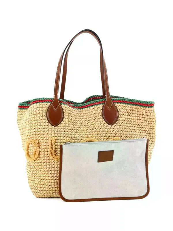 Gucci Logo Open Woven Raffia Medium Tote Bag