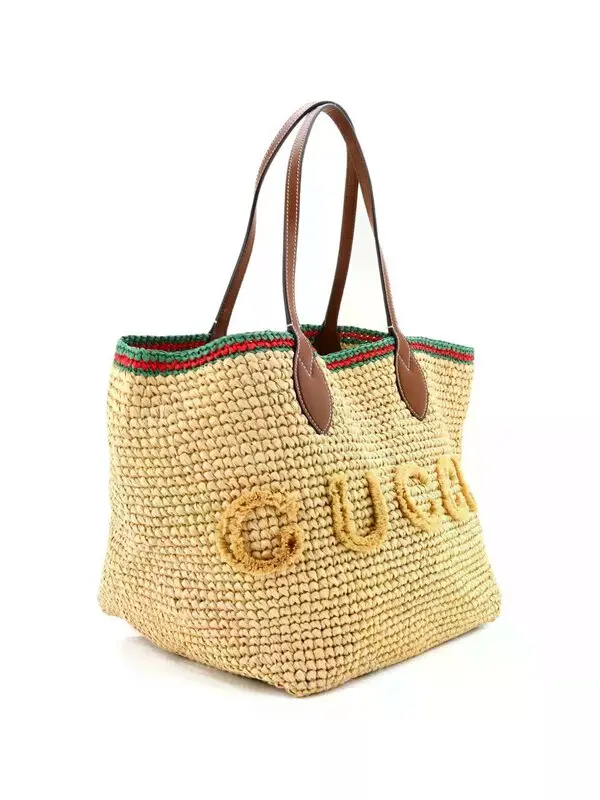 Gucci Logo Open Woven Raffia Medium Tote Bag