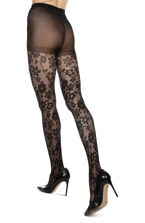 MEMOI Floral Sheer Tights - Black