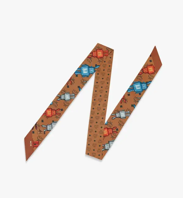 Mcm Rabot Monogram Petite Scarf In Organic Silk - Cognac