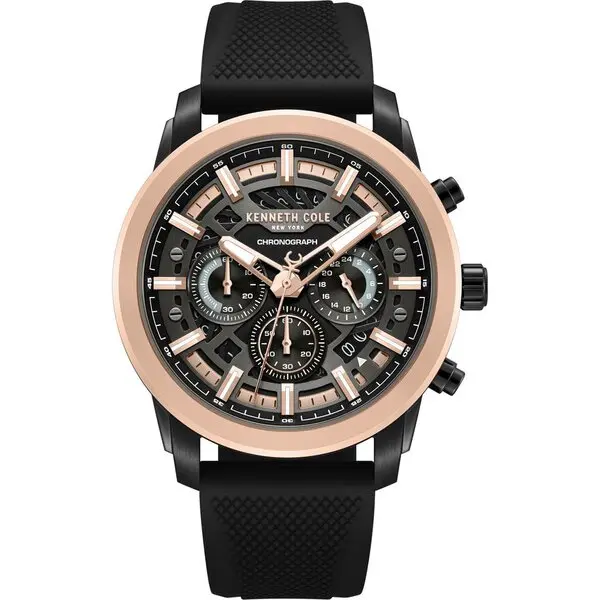 KENNETH COLE Sport Chronograph Silicone Strap Watch - Black