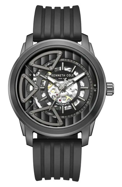 KENNETH COLE Skeleton Automatic Silicone Strap Watch - Black