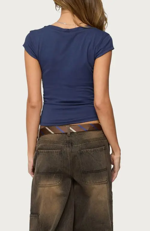 EDIKTED Alza Crop Stretch Cotton Blend Button-up Top - Navy